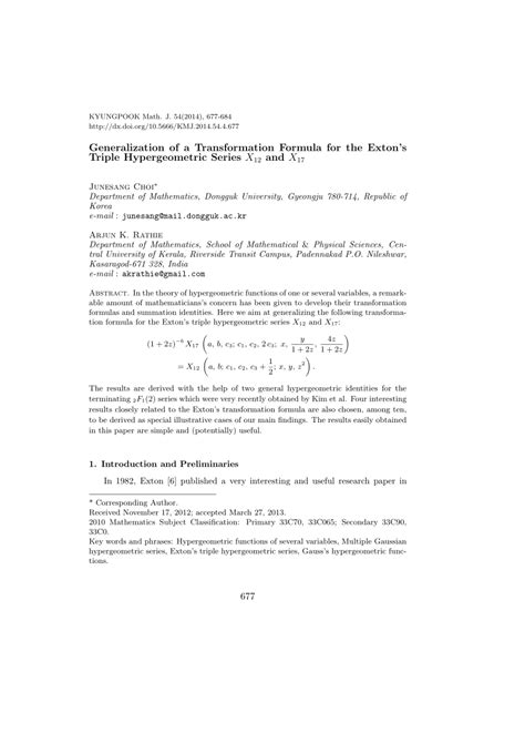 Pdf Generalization Of A Transformation Formula For The Extons Triple