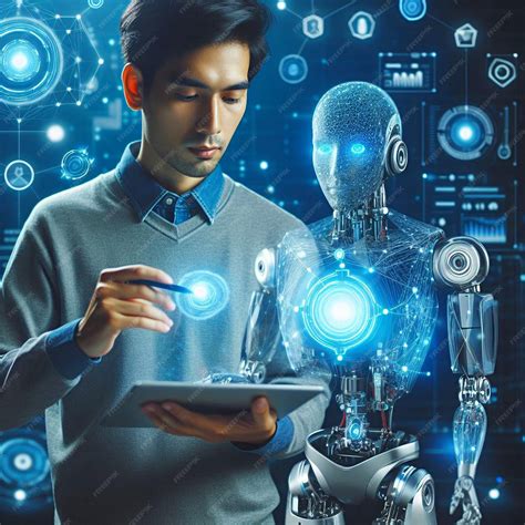 premium photo man using technology with smart robot ai and robotics