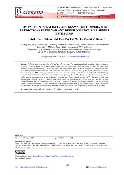 Pdf Comparison Of Salinity And Seawater Temperature Predictions Using Var And Biresponse