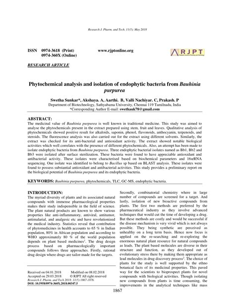 Pdf Phytochemical Analysis And Isolation Of Endophytic Bacteria From Bauhinia Purpurea