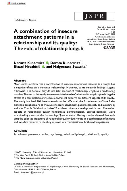 Pdf A Combination Of Insecure Attachment Patterns In A Relationship And Its Quality The Role