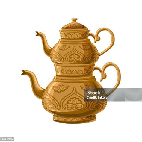 터키 전통 골동품 구리 주전자 흰색 배경에 고립 된 이중 주전자 장식 티포트에 대한 스톡 벡터 아트 및 기타 이미지 티포트 황동 0명 Istock