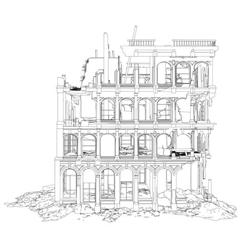 Vector Illustration Of Destroyed Building Contours On White Background