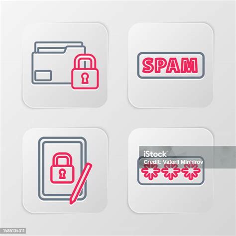 라인 비밀번호 보호 닫힌 자물쇠가 있는 태블릿 스팸 및 폴더 및 아이콘을 설정합니다 벡터 개념에 대한 스톡 벡터 아트 및 기타 이미지 Istock