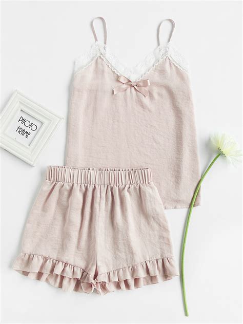Lace Trim Bow Detail Cami And Ruffle Shorts Pajama Set Shein Sheinside