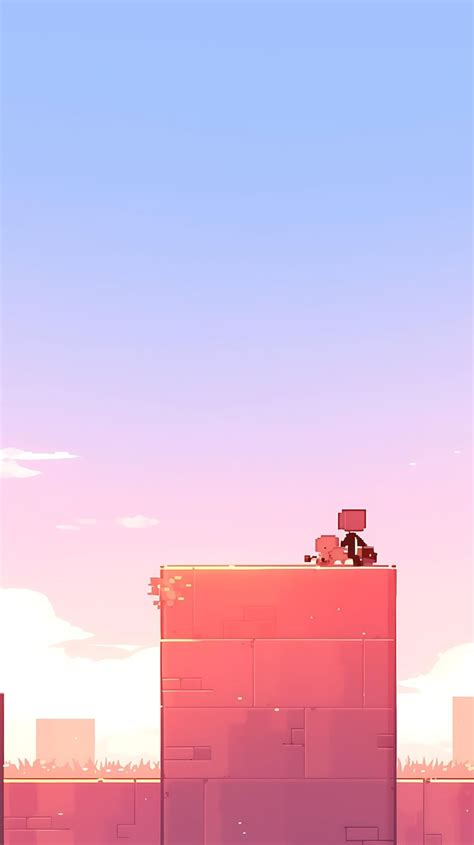 Pixelated Character Standing On A Platform With A Pink And Blue Gradient Sky Premium Ai