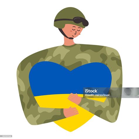위장 유니폼과 헬멧을 쓰고 우크라이나 국기로 하트를 껴안고 있는 군인 흰색으로 고립된 플랫 벡터 일러스트레이션 군대에 대한 스톡 벡터 아트 및 기타 이미지 Istock