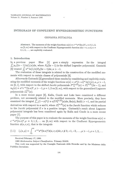 Pdf Integrals Of Confluent Hypergeometric Functions