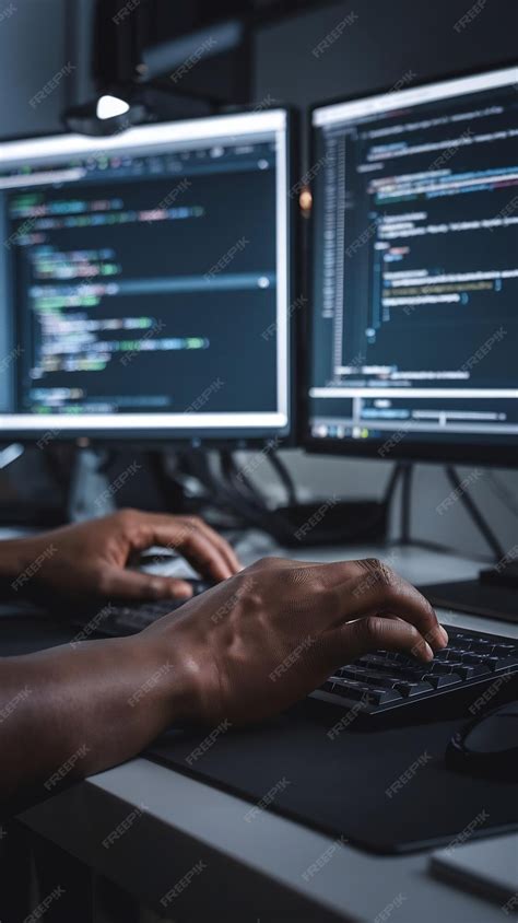 close up on black male hands typing on a desktop computer keyboard in dark network security