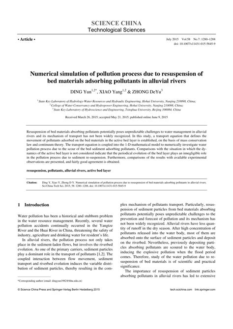 Pdf Numerical Simulation Of Pollution Process Due To Resuspension Of Bed Materials Adsorbing