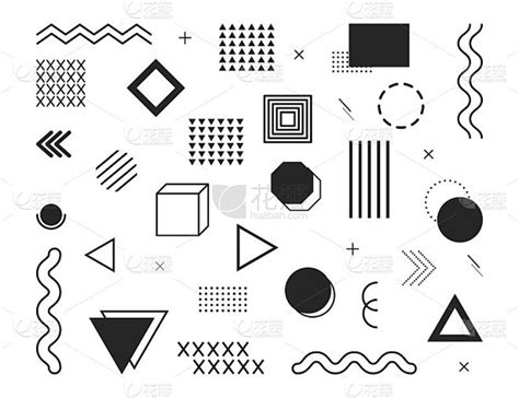 设计元素。几何形状。抽象的图形模式。黑点、线、波、三角形、圆在白色背景上。八九十年代的墙纸。现代简约