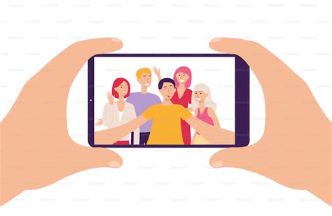 스마트폰 화면과 셀카 사진을 찍는 젊은이들은 흰색 배경에 분리된 평면 벡터 삽화를 들고 있다 사회적 의사 소통 모바일 기술 개념입니다 사진 Unsplash의 스마트폰 이미지