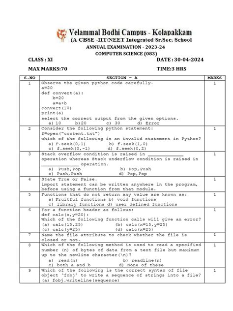 Cs Qp Class Xi Annual Exam April 30th Pdf Parameter Computer