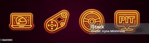 세트 라인 레이싱 헬멧 타이밍 벨트 키트 스티어링 휠 및 피트 스톱 빛나는 네온 아이콘 벡터 개념에 대한 스톡 벡터 아트 및 기타 이미지 Istock