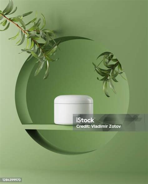 제품 프리젠 테이션을위한 천연 화장품 최소한의 단계 단색 배경에 화장품 항아리 연단과 녹색 잎 3d 렌더 녹색에 대한 스톡 사진 및 기타 이미지 Istock