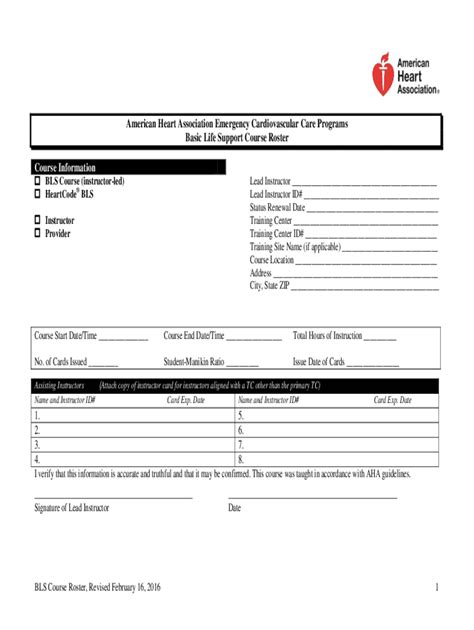 American Heart Association Bls Course Roster Blank Fillable Template