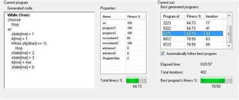 mcgp screen shot during synthesis of a mutual exclusion algorithm