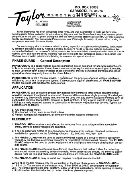 Phase Guard Specification Sheets Manual Taylor Electronics Inc Ecp