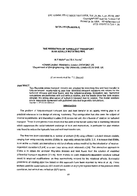Pdf The Prediction Of Turbulent Transport In An Axially Rotating Pipe