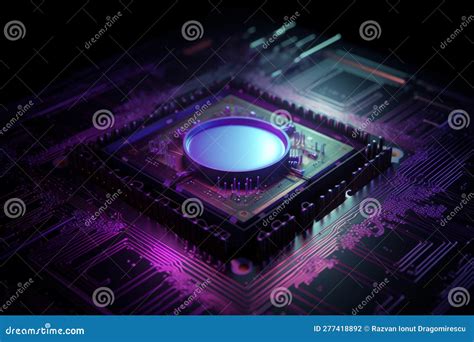 Highly Advanced Microchip Processor With A Series Of Blue And Purple Lights Illuminating Its
