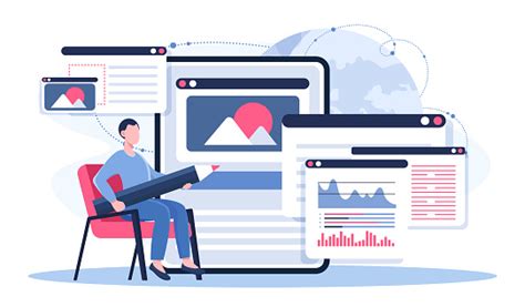 온라인 비즈니스 기사 웹 사이트 페이지 근처에 거대한 연필을 가진 남자 카피라이터 및 콘텐츠 제작자 회사 또는 단체의 보도 자료 온라인 프로모션 평면 벡터 일러스트 레이 션