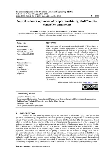 Pdf Neural Network Optimizer Of Proportional Integral Differential Controller Parameters
