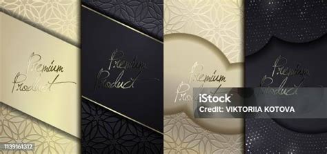 고급 스러운 프리미엄 디자인 고급 제품에 대 한 다른 질감과 벡터 세트 포장 템플릿 골든 호 일 디자인 요소의 컬렉션입니다 검은 종이 컷 배경입니다 Vip 디자인 0명에