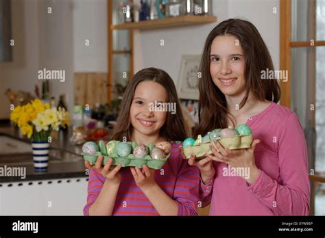 Girls With Coloured Easter Eggs For The Easter Basket Easter Upper