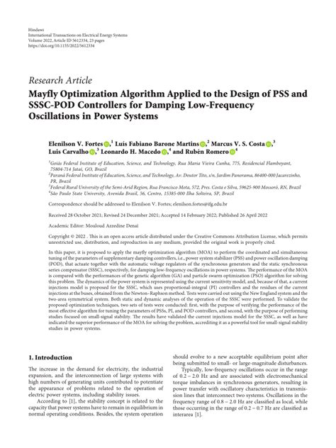 Pdf Mayfly Optimization Algorithm Applied To The Design Of Pss And Sssc Pod Controllers For