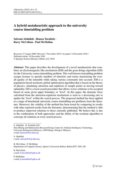 pdf a hybrid metaheuristic approach to the university course timetabling problem