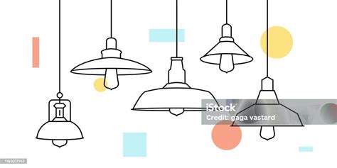 산업 로프트 금속 펜던트 빛 매달려 램프 편집전 전구 조명 벡터 아이콘 일러스트 라인 가구 0명에 대한 스톡 벡터 아트 및 기타