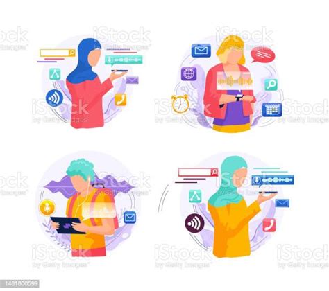 음성 도우미 스마트 스피커 가상 비서 사운드 로봇 음성 제어 스마트 스피커를 사용하는 사람들 Brand Name Online Messaging Platform에 대한 스톡