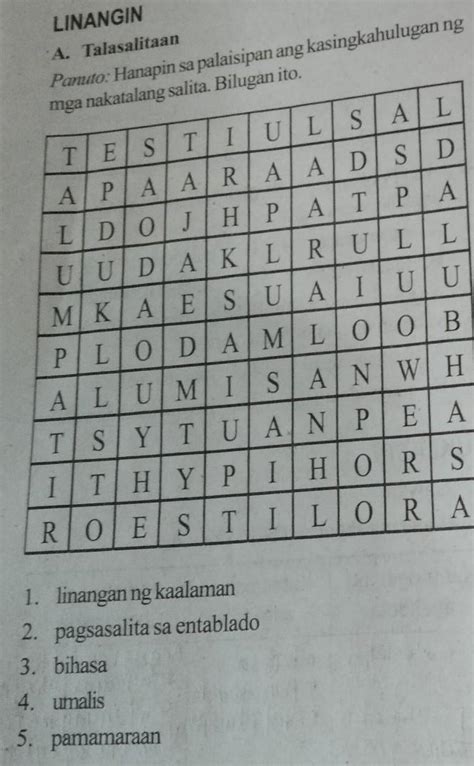 LINANGIN A Talasalitaan Panuto Hanapin Sa Palaisipan Ang