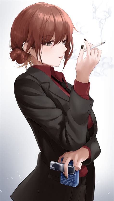 Safebooru 1girl Absurdres Bangs Black Nails Black Necktie Cigarette