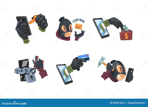 Masked Hacker Hacking Devices For Stealing Data Set Cyber Crime Security Cartoon Vector