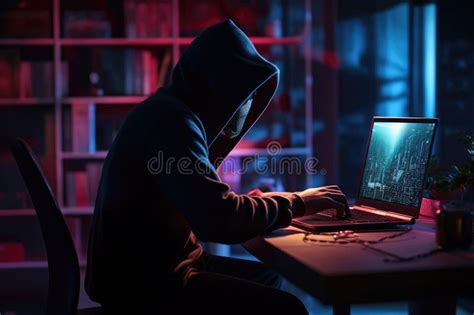 Hacker In Hood Stealing Data From Computer Cybercrime Concept Stock