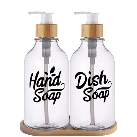 Badu Bg Комплект бутилки за съдове и сапун за ръце с дървена тава Пластмасов дозатор за сапун