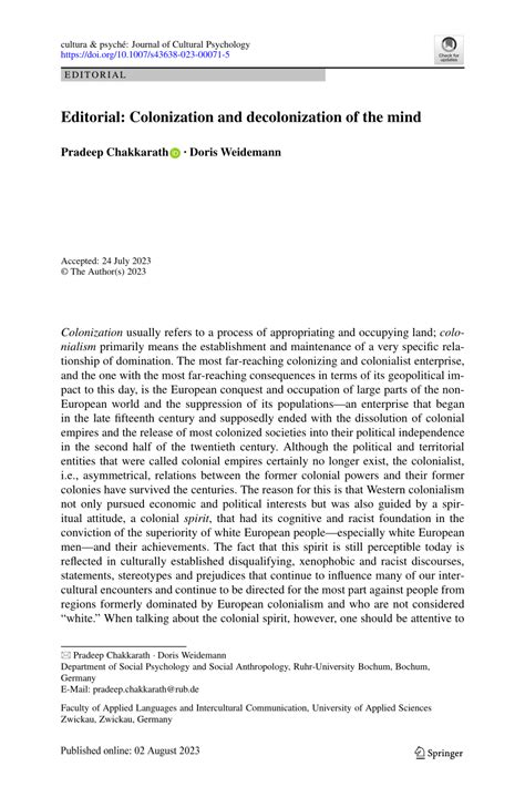 Pdf Editorial Colonization And Decolonization Of The Mind