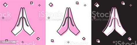 분홍색과 흰색 검은 색 배경에 고립기도 위치 아이콘에 손을 설정합니다 신앙과 소망으로 하나님께 기도하십시오 벡터 일러스트레이션 개념에 대한 스톡 벡터 아트 및 기타 이미지