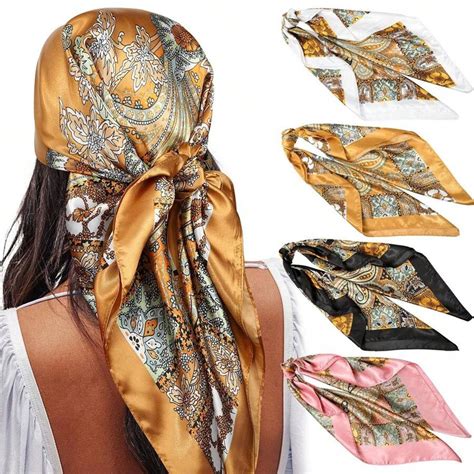 4pcs 35large Satin Square Head Scarves Elegant Paisley And Floral