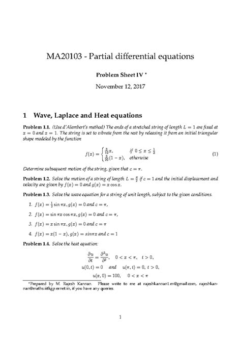 Heat Wave Laplace Ma20103 Partial Differential Equations Problem Sheet Iv ∗ November 12