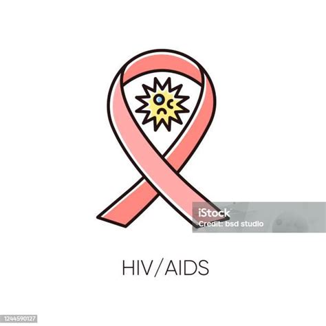 Hiv 에이즈 Rgb 색상 아이콘 인간 면역 결핍 바이러스 후천성 면역 결핍 증후군 위험한 전염병 인식 리본 및 바이러스 세포