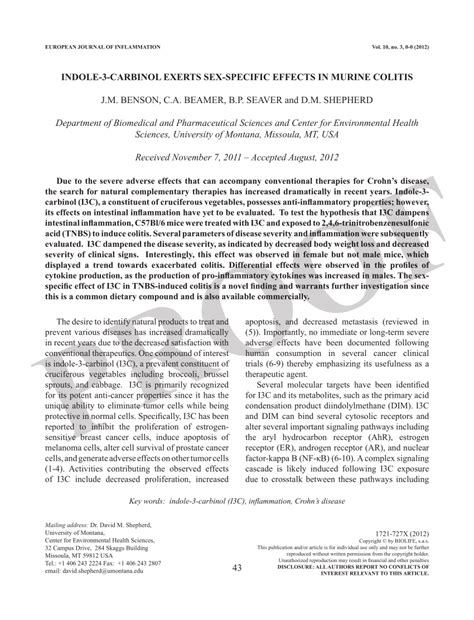Pdf Indole 3 Carbinol Exerts Sex Specific Effects In Murine Colitis