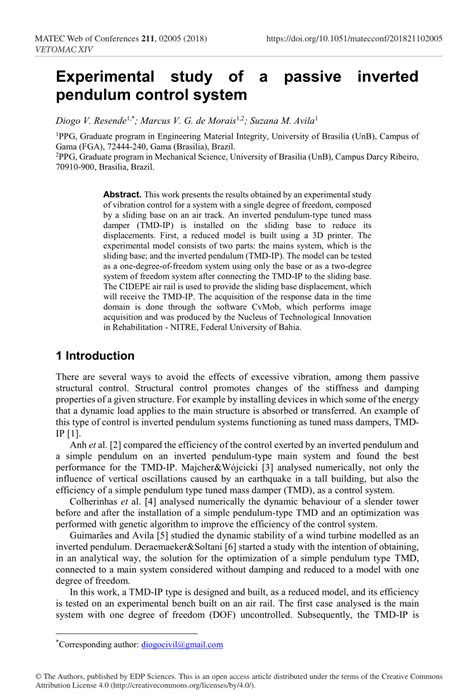 Pdf Experimental Study Of A Passive Inverted Pendulum Control System