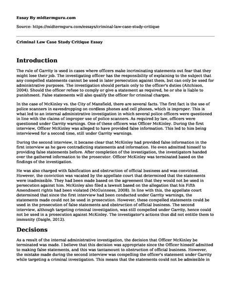 📌 Criminal Law Case Study Critique Free Essay Term Paper Example