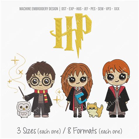 Harry Potter Golden Trio Wizards Machine Embroidery Designs 3 Sizes