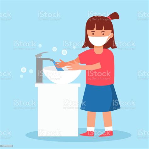 의료 용 마스크를 착용하고 싱크 벡터에서 손을 씻는 소녀 어린이 수도꼭지 아래에서 비누와 물로 손을 씻습니다 평평한 디자인의