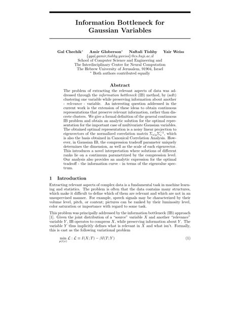 Pdf Gaussian Information Bottleneck 1 Information Bottleneck For Gaussian Variables