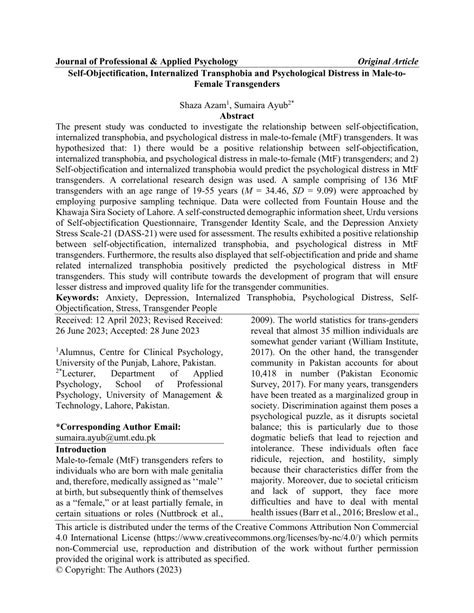 Pdf Self Objectification Internalized Transphobia And Psychological