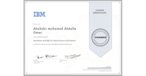 abubakr mohamed on linkedin completion certificate for databases and sql for data science with